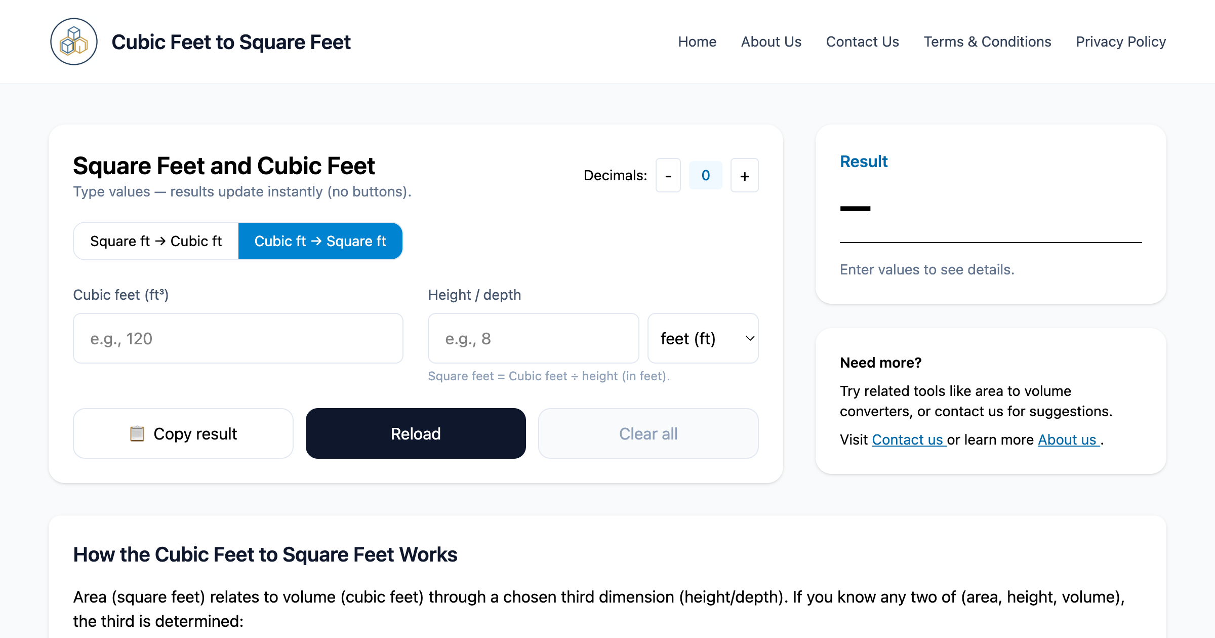 Cubic Feet to Square Feet